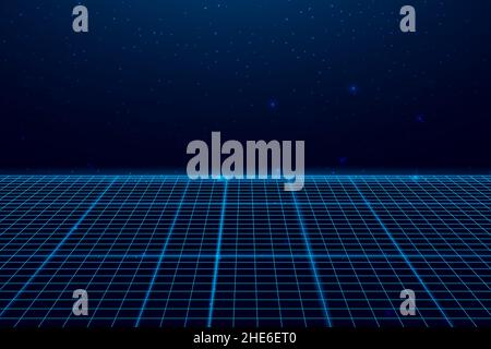 Wireframe perspective grid. Space neon infinity mesh, abstract retro ...