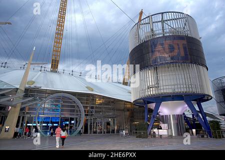 A view of the entrance to the O2 Arena, in London's Docklands, at night ...
