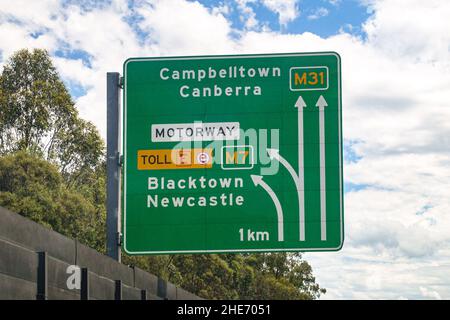 A road sign approaching the M7 / M31 split on the M5 motorway in Sydney ...