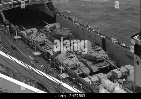 Loading Chieftain Tanks for Kuwait onboard cargo ship M/V Ibn Rushd ...