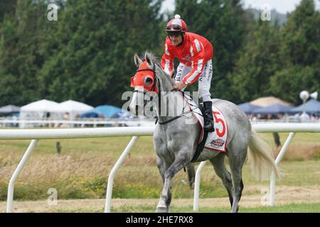 KUMARA, NEW ZEALAND, JANUARY 8, 2022; jockeys ride their mounts hard to ...