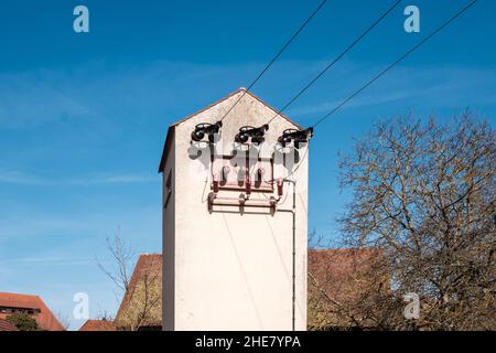 Electricity transformer outdoor mounted on wooden supporting frame ...