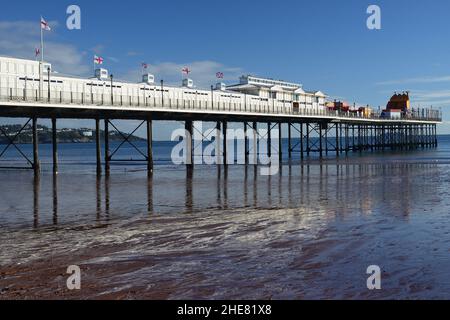 Paignton beach and Paignton pier and promenade at low tide. Taken ...