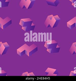 Neon glowing 3d tetris blocks seamless pattern on purple background ...