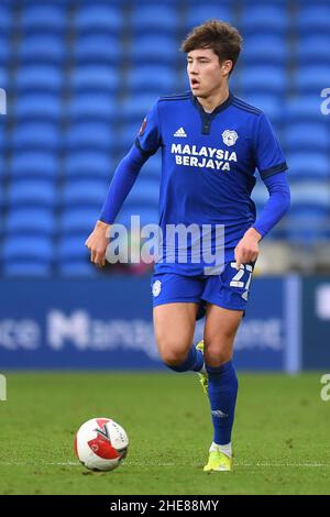 Rubin Colwill #27 of Cardiff City wind the high ball Stock Photo - Alamy