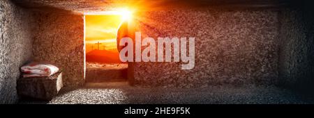 Open Tomb At Sunrise With Grave Clothes And Three Crosses ...