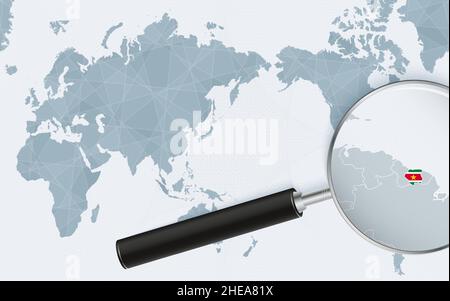 World map with magnifying on Suriname. Blue earth globe with Suriname ...