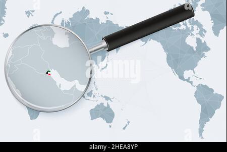 World map with magnifying on Kuwait. Blue earth globe with Kuwait flag ...