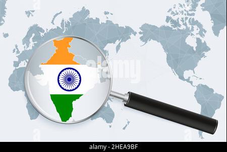World map with magnifying on India. Blue earth globe with India flag ...