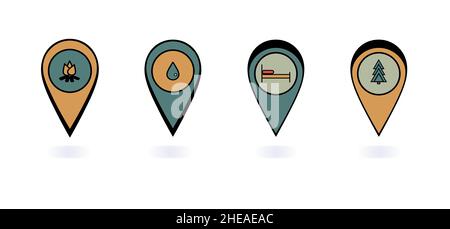 Safety pins icons with travel symbols pictograms. Points on the route ...