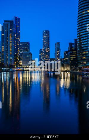 Millwall dock Evening view Canary Wharf financial district London UK ...