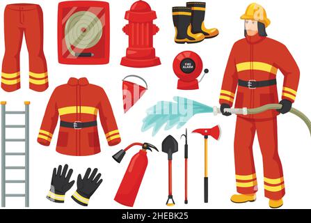 Cartoon firefighter equipment and tools, axe, extinguisher and firehose ...