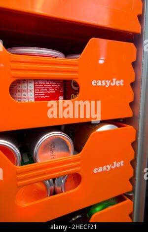 Drawers of a trolley cart during an Easyjet flight. Cabin crew / air ...