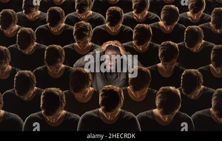 Collage with grey crowd of identical people, men and special one ...