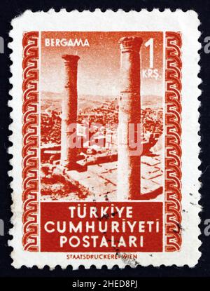 TURKEY - CIRCA 1952: stamp printed by Turkey, shows Ruins, Bergama ...