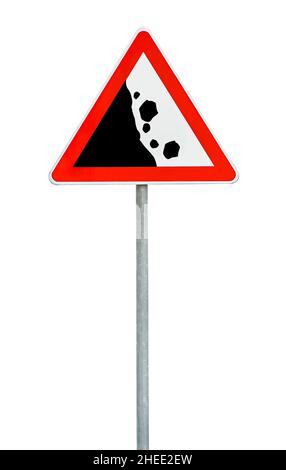 Traffic sign isolated - Falling rocks Stock Photo - Alamy