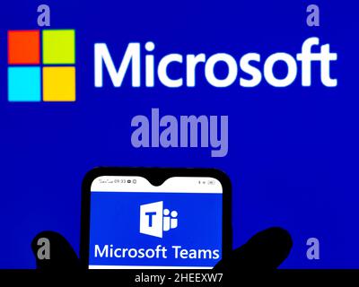In this photo illustration a Microsoft Teams logo seen displayed on a ...