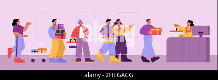 Angry queue in store, dissatisfied and tired customers stand in line at ...