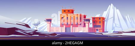 Prison, jail with fence, red brick walls, watchtowers and grating on ...