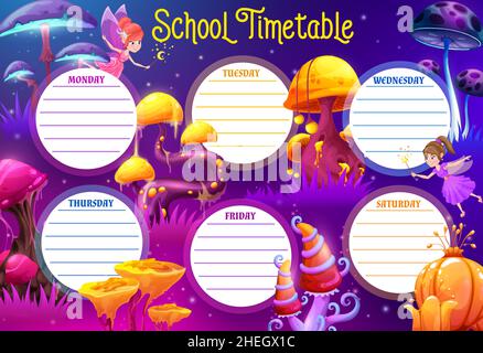 Weekly timetable schedule with cartoon fairy and elf village houses ...