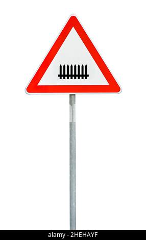Triangle road sign rails on rod Stock Photo - Alamy