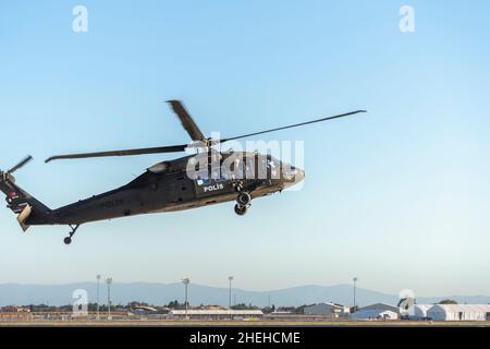 Turkish police helicopter (Sikorsky S-70 Blackhawk) landing at Ataturk ...
