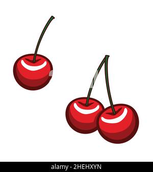 cartoon red cherries single and double vector isolated on white ...