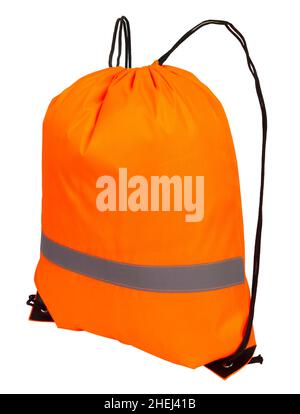 Orange nylon drawstring bag with reflective tape for safety Stock Photo ...