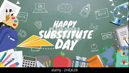 Image of substitute day text over school icons on green background ...