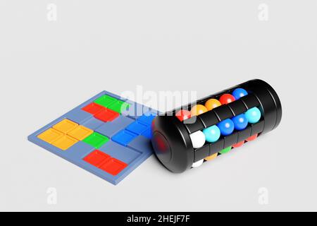 3d illustration of a black cylinder - a puzzle with colorful balls ...