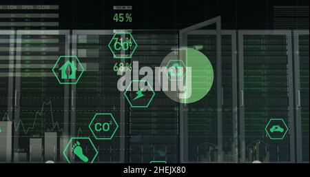 Image of data processing and ecology icons over server room Stock Photo ...