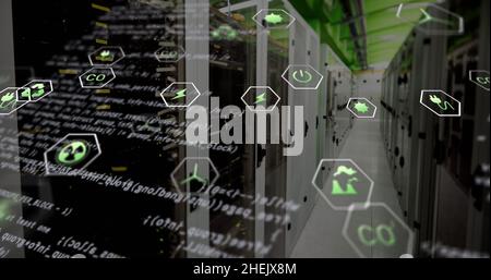 Image of data processing and ecology icons over server room Stock Photo ...