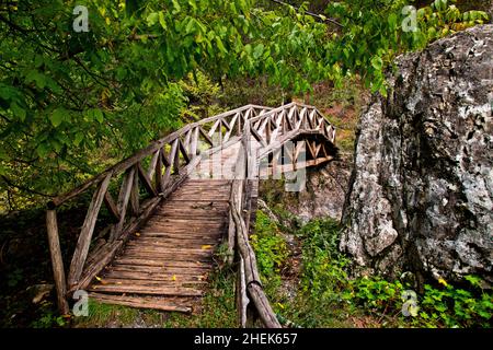 Enipeas river and a wooden bridge, close to Prionia, Olympus mountain ...