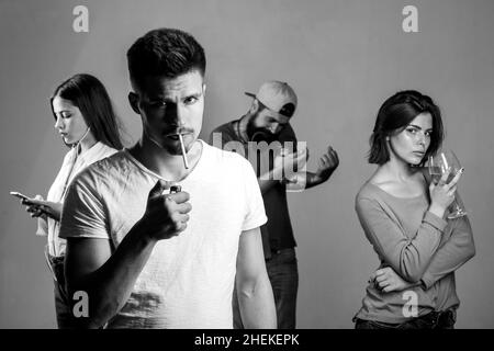 Smoking addiction. Actual social problem. Drug addict or medical abuse ...