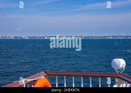 A ferry approaches the harbour entrance of Trelleborg, Skane län ...