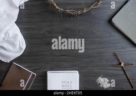Lent Christian frame or border, with cross, crown of thorns, bible and ...