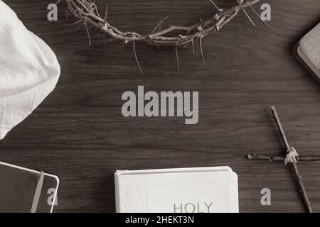 Lent Christian frame or border, with cross, crown of thorns, bible and ...