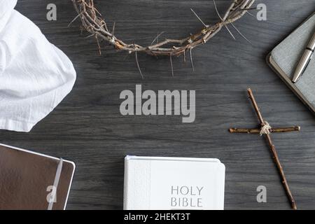 Lent Christian frame or border, with cross, crown of thorns, bible and ...