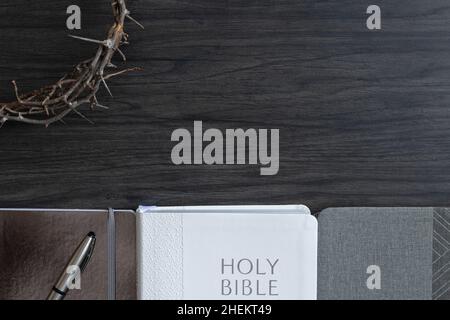 Christian lent border with crown of thorns, simple wood cross and pile ...