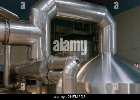 Steel pipes and tank for wort boiling at beer factory - brewery ...