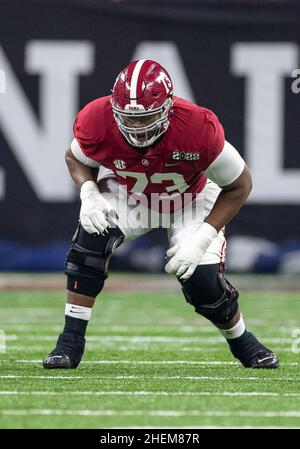 Alabama offensive lineman Evan Neal watches a drill at the NFL football ...