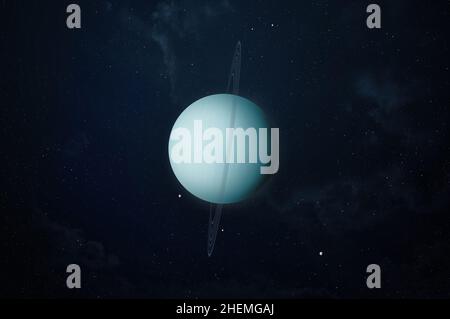 Planet Uranus. Uranus and thirteen rings, five main satellites are ...