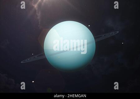 Planet Uranus. Uranus and thirteen rings, five main satellites are ...