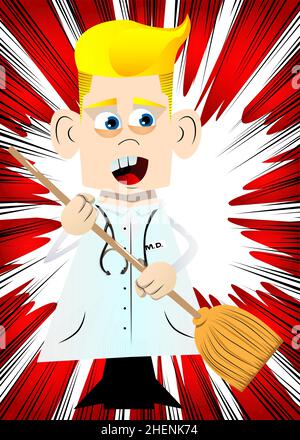 Funny cartoon doctor holding a broom. Vector illustration Stock Vector ...