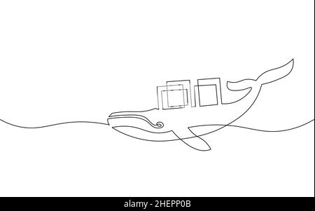 One line whale and container computer docker developer app concept. Sketch drawing open source ...