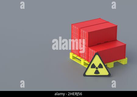Freight container on pallet near sign of radiation. The concept of ...