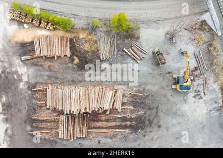 aerial view of construction site with stacked formwork beams Stock ...