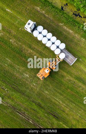 Livestock winter feed bales of hay in farmland field in rural Hampshire ...