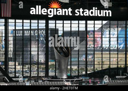 A general view of Allegiant Stadium and the The Al Davis Memorial Torch ...