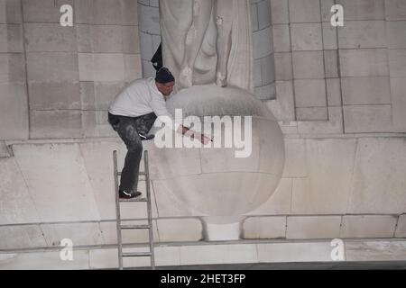 The statue of 'Prospero and Ariel' above the entrance of the BBC ...